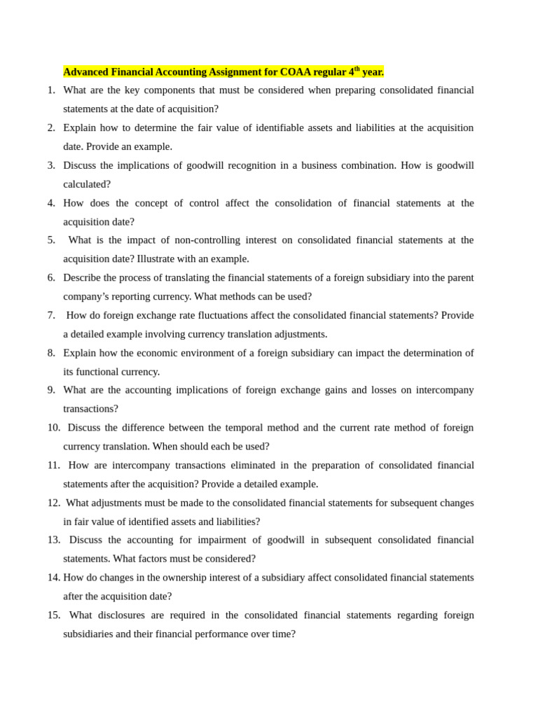 Advanced Financial Accounting Assignment For COAA Regular 4th Year | PDF