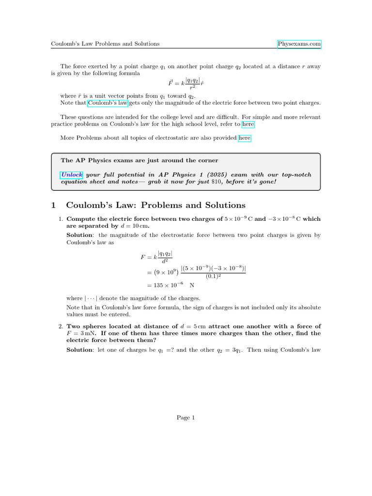 Solved Problems - Coulomb's Law | PDF | Force | Classical Mechanics
