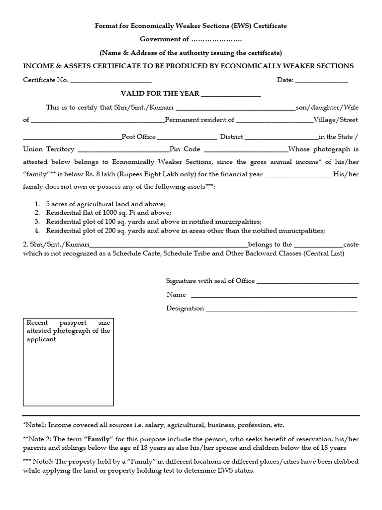 Format For EWS Certificate | PDF