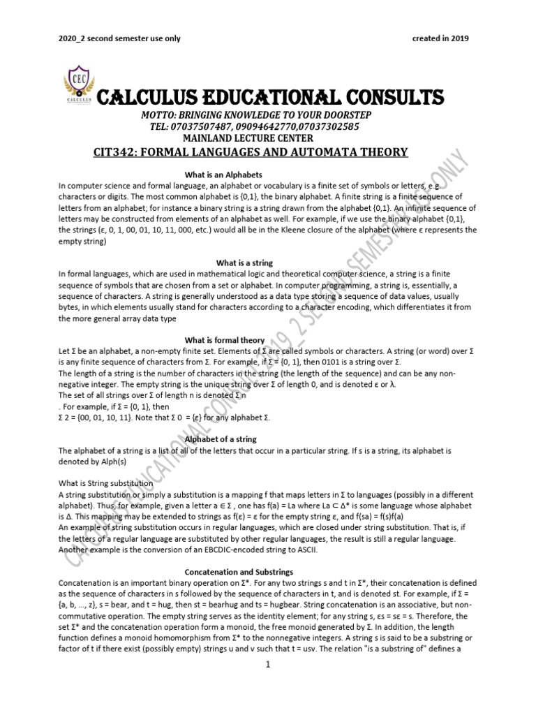 Cit 342 Formal Languages and Automata Theory Summary | PDF | Automata Theory | Parsing