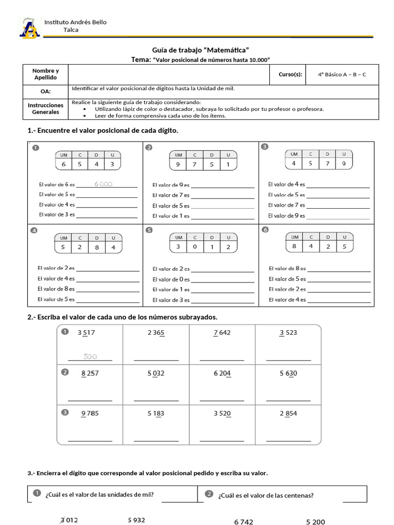 Valor Posicional en Números hasta 10.000 | PDF