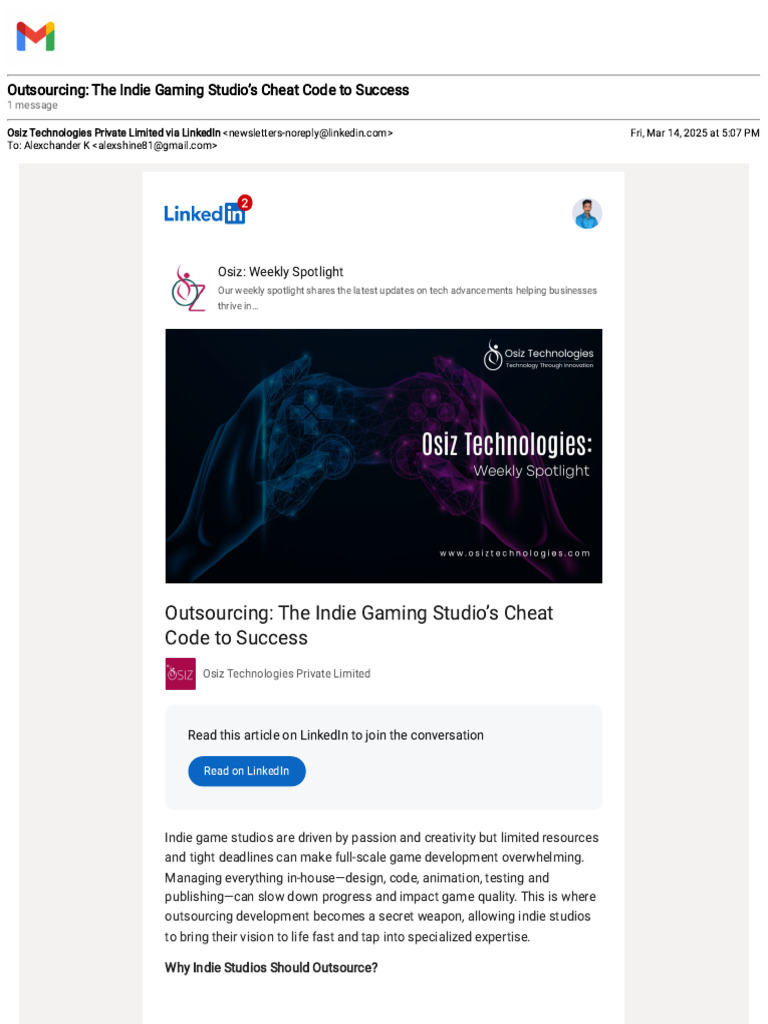 Gmail - Outsourcing_ The Indie Gaming Studio’s Cheat Code to Success | PDF | Outsourcing | Linked In