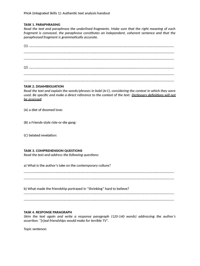 Authentic Text Analysis Handout | PDF