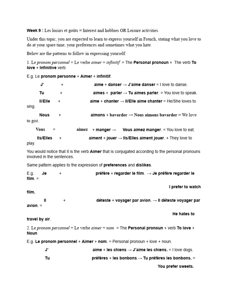 Week 9 Lesson Note - Les Gouts - Loisirs & Les Preferences | PDF