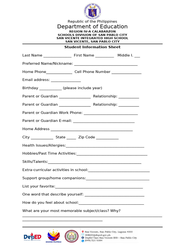 San Vicente High School Student Info Sheet Pdf