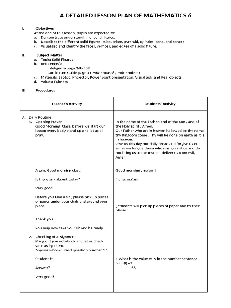 A Detailed Lesson Plan of Mathematics 6 | PDF | Shape | Triangle