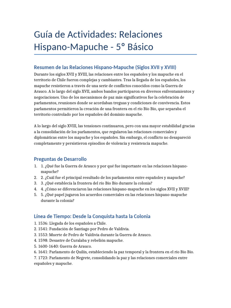 Guía Actividades Hispano Mapuche 5 Básico | PDF | España | Chile