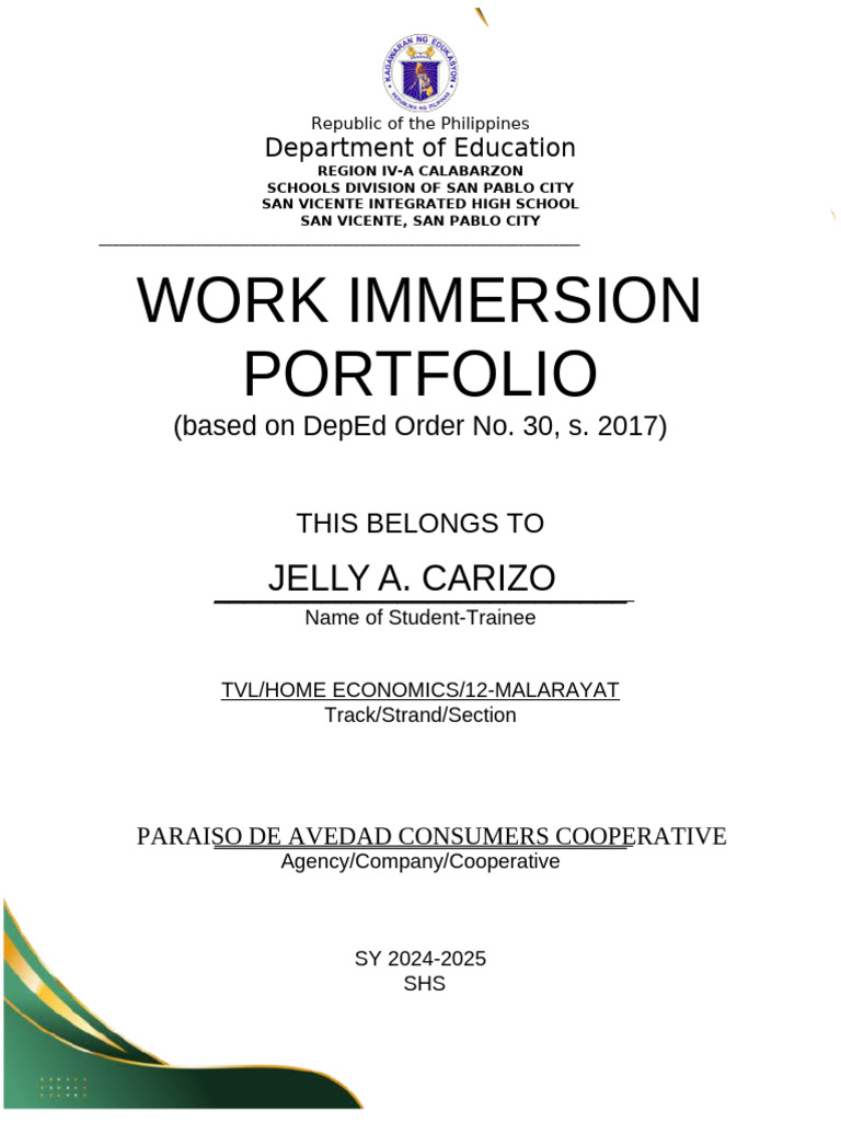 Work Immersion Cover Page | PDF