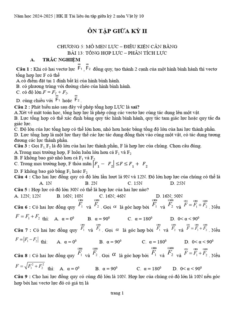 On Tap Giua Ky 2 - LY 10-2025-hs | PDF