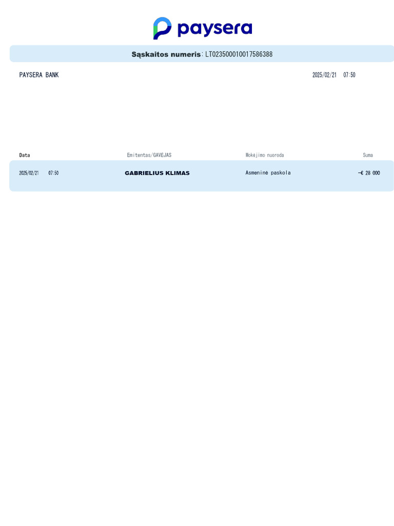 Paysera Statement - 2025 02 21 - 07 50 26 Gabrielius | PDF