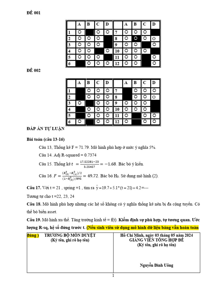 KTL Đề thi cuối kỳ - Đáp án - 001-002 | PDF