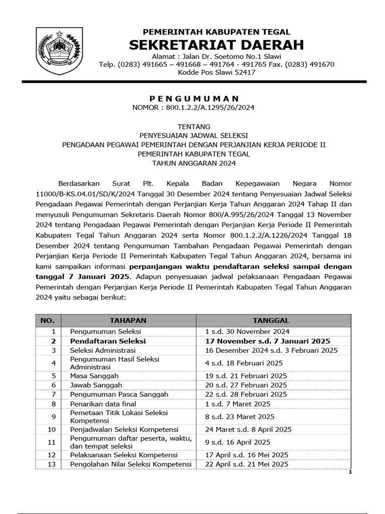 Pengumuman Penyesuaian Jadwal Seleksi Pengadaan PPPK Periode Ii Kab Tegal Ta 2024 | PDF