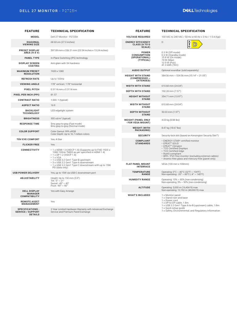 Dell 27 Monitor p2725h Datasheet 8 | PDF | Computer Monitor | Computer ...