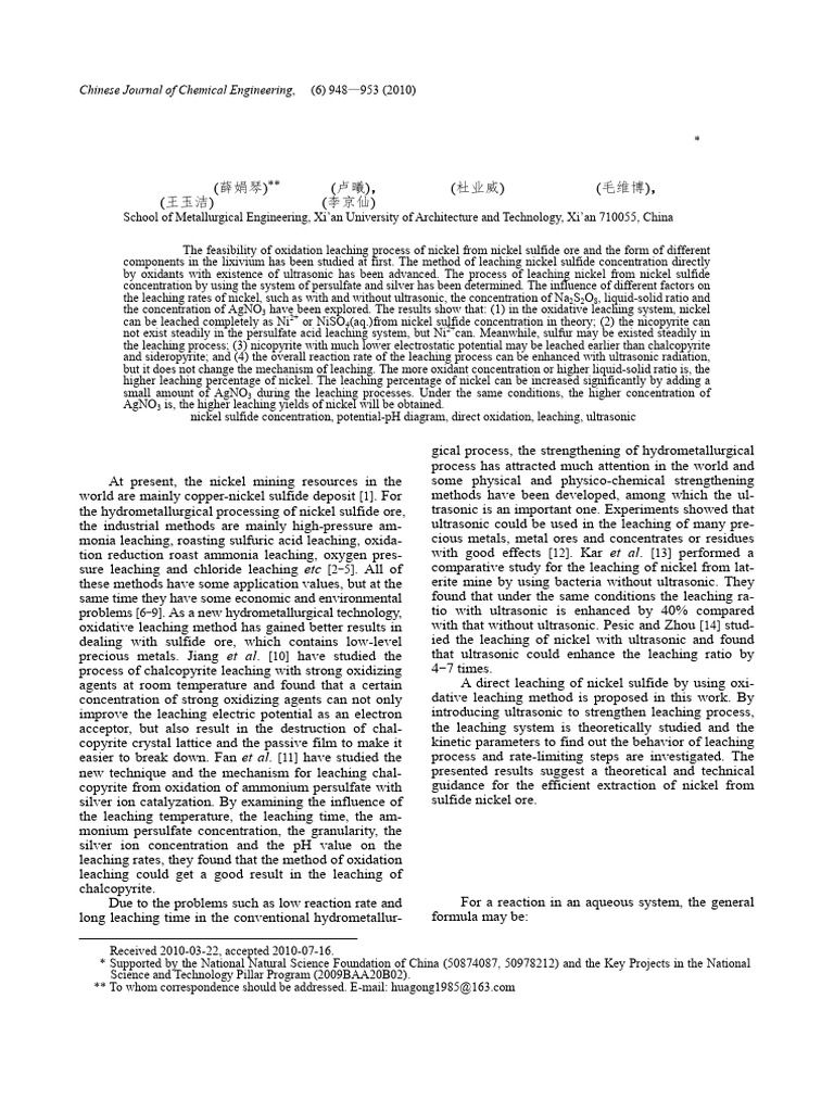 Ultrasonic-Assisted Oxidation Leaching of Nickel Sulfide Concentrate | PDF | Sulfur | Nickel