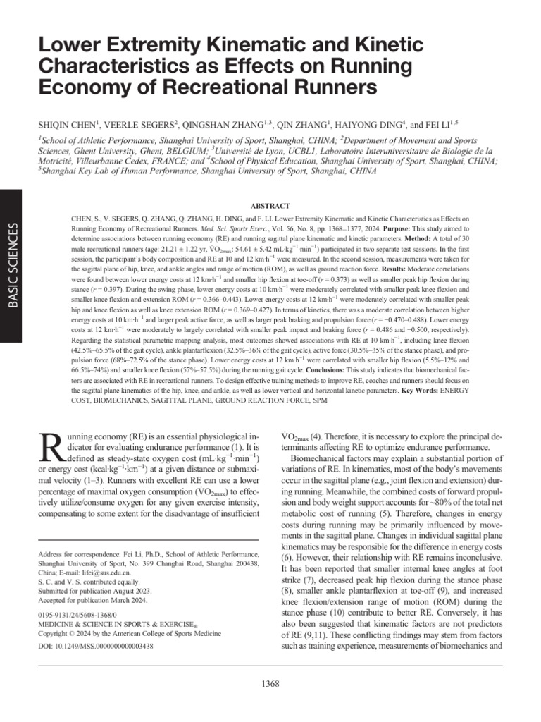 Lower Extremity Kinematic and Kinetic Characteristics As Effects On Running Econ. | PDF ...