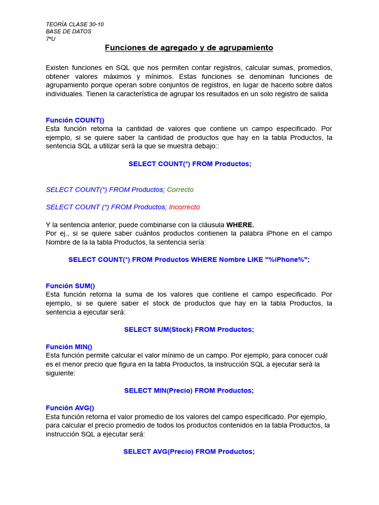 Funciones de Agregado y de Agrupamiento | PDF | SQL | Informática