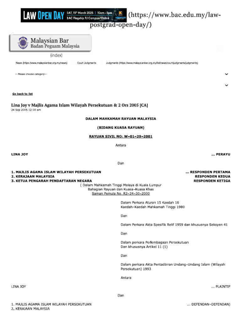 Lina Joy v Majlis Agama Islam Wilayah Persekutuan & 2 Ors 2005 | PDF