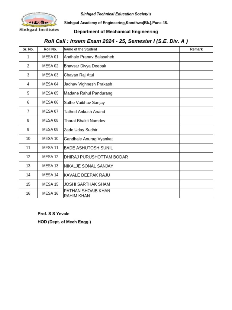 SE Roll Calls List For Insem Exam | PDF