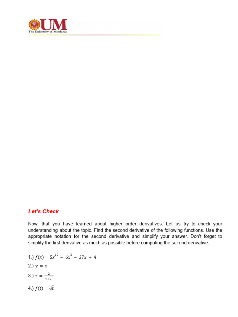 Higher Order Derivatives - Activity | PDF | Derivative | Equations