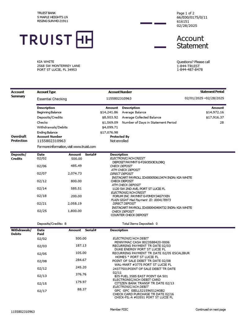 Truist Bank Account Statement Summary | PDF | Debit Card | Payments