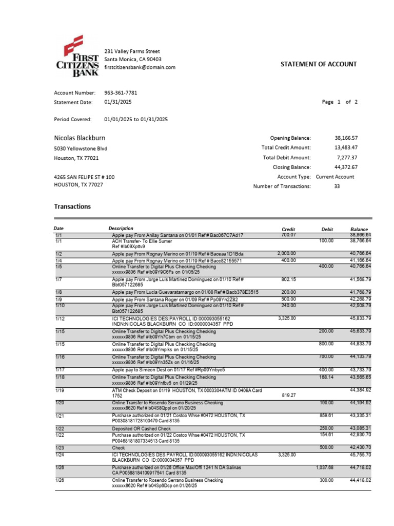 First Citizens Bank Statement Jan 2025 | PDF | Apple Pay | Personal Finance