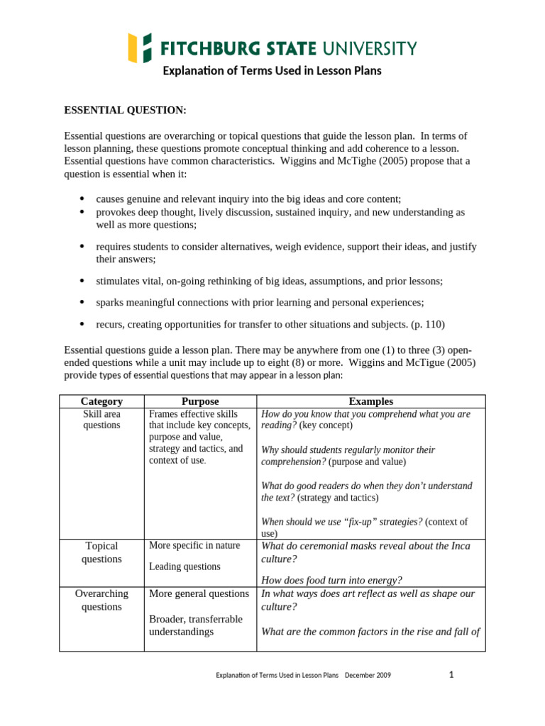 Essential Questions in Lesson Planning | PDF | Educational Assessment ...