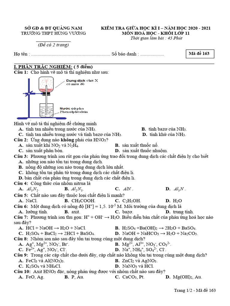 De Kiem Tra Giua Ky 1 Hoa Hoc 11 Nam 2020 2021 Truong Thpt Hung Vuong Quang Nam | PDF