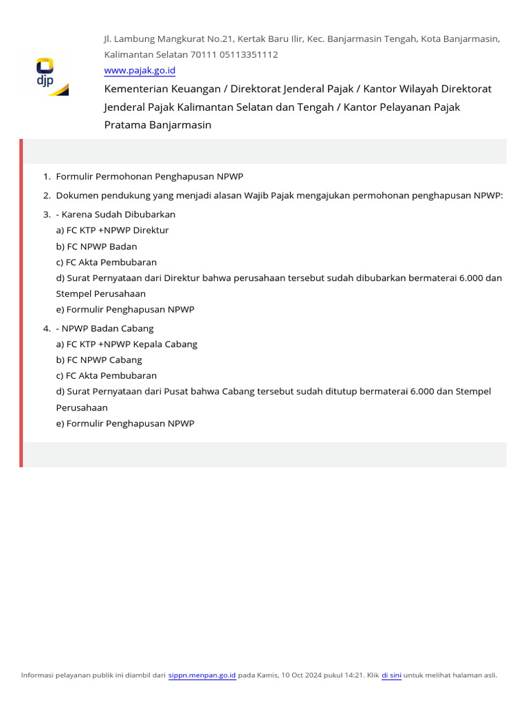 Unduh Standar Pelayanan - Standar Pelayanan Permohonan Penghapusan NPWP Badan | PDF