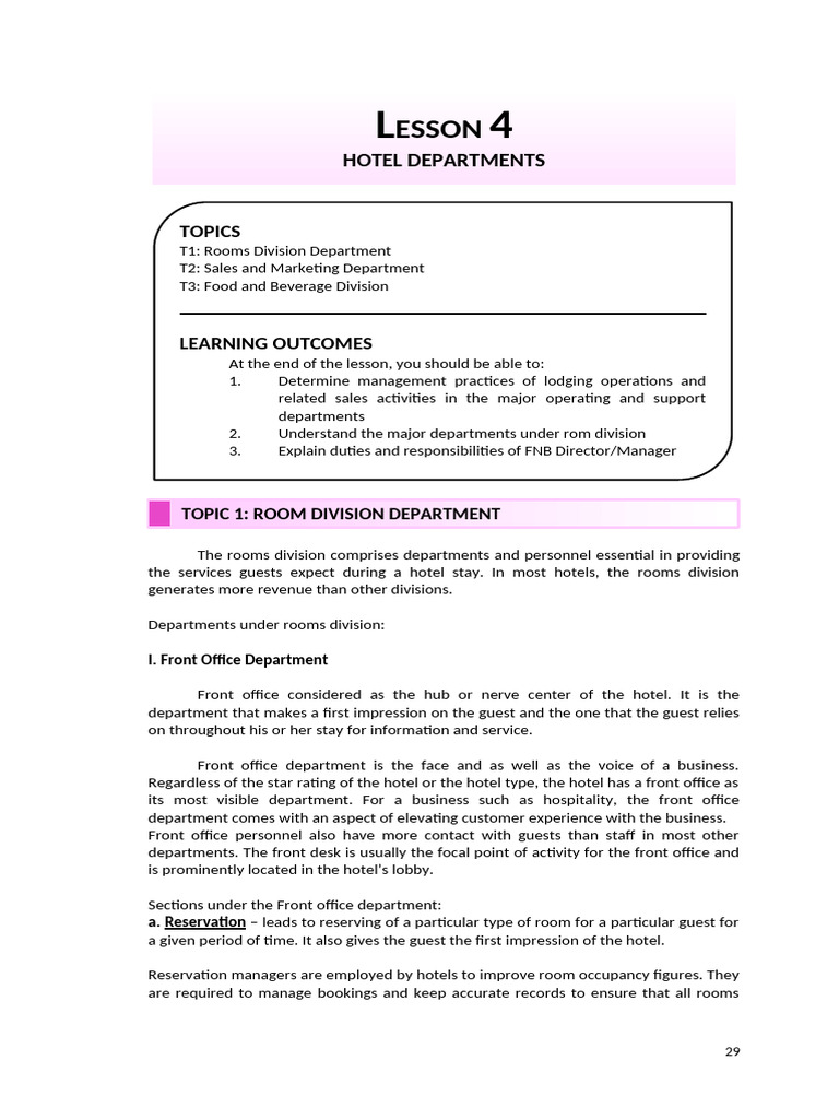 Lesson4 Fundamentals in Lodging Operation | PDF | Bar (Establishment) | Restaurants