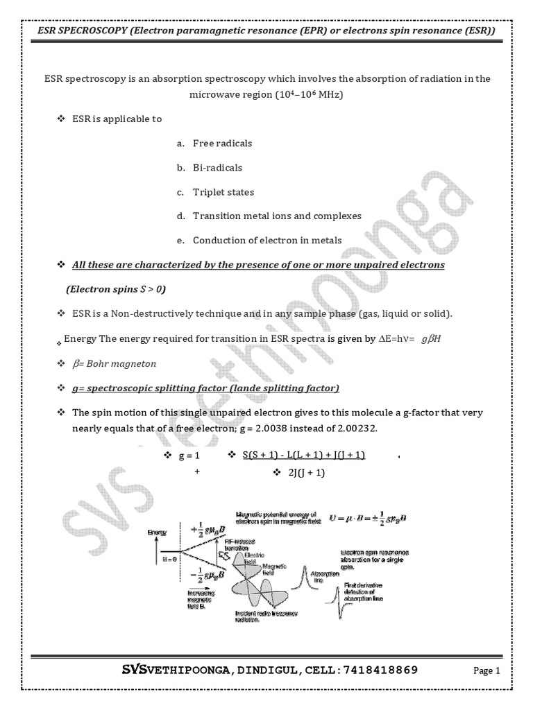 Esr Spectro | PDF | Electron Paramagnetic Resonance | Spectroscopy