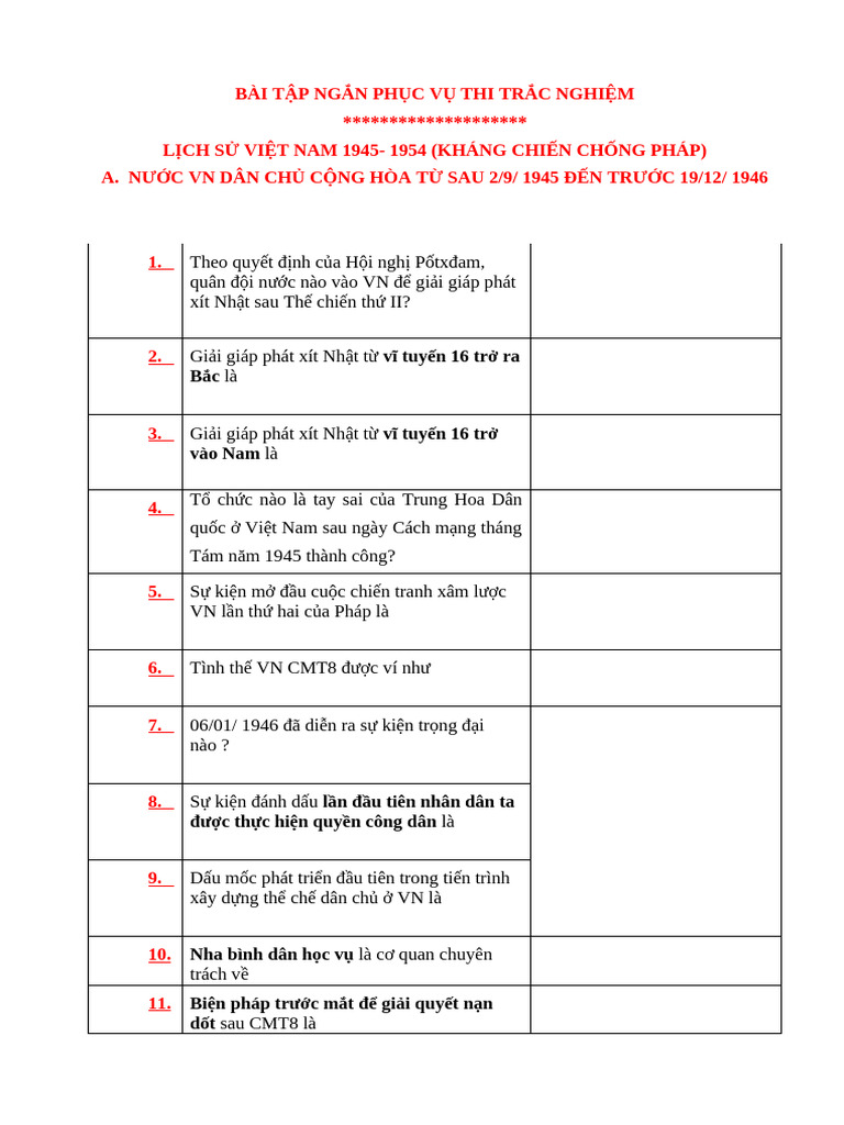 BT NGẮN LS VN 1945-1954 - Phần 1 - HS | PDF