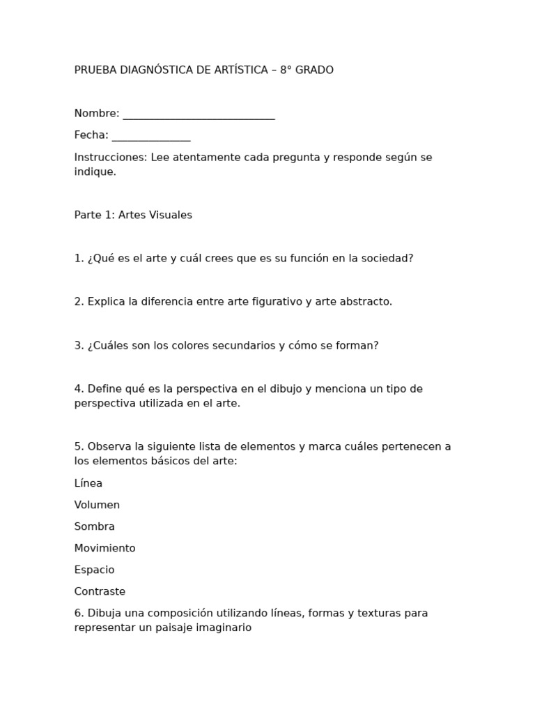 Prueba Diagnóstica 8vo Grado Artistica | PDF