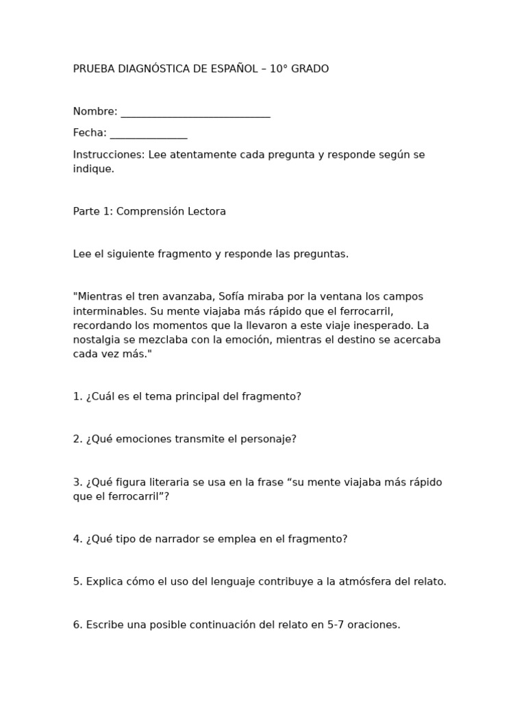 Prueba Diagnóstica de Español 10° Grado | PDF