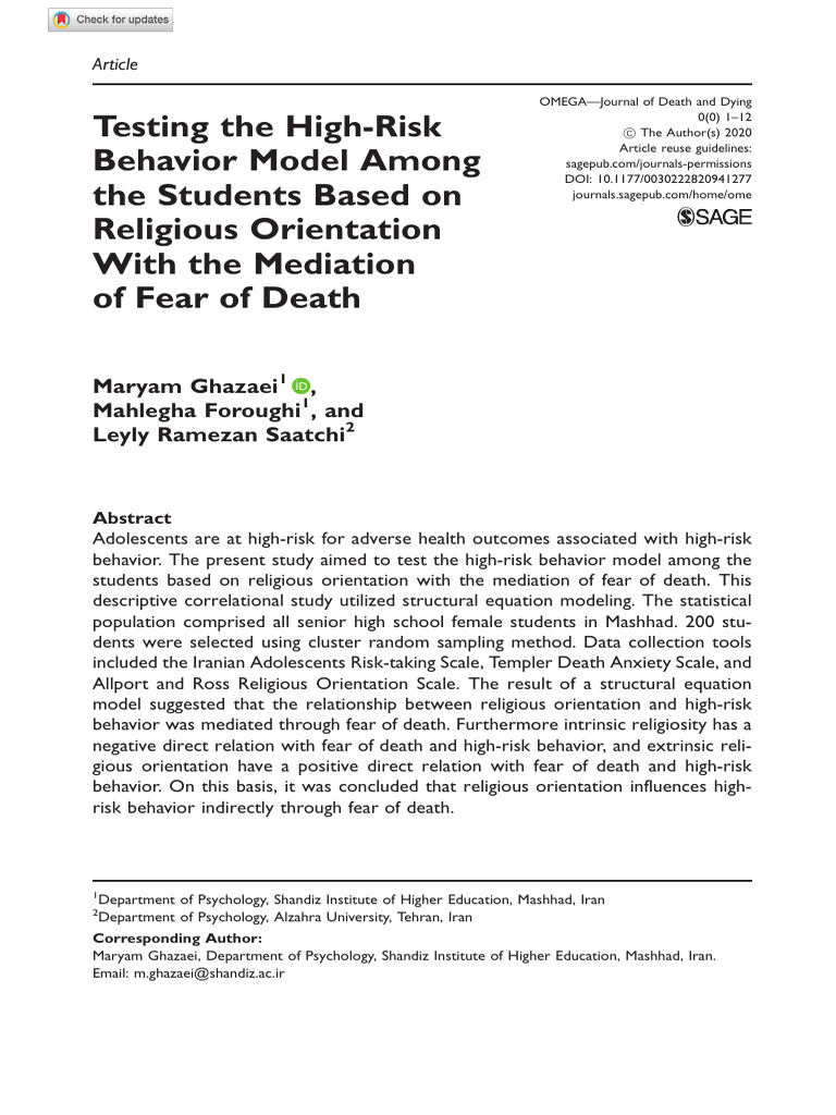 High Risk Behavior, Religion, Fear of Death, Students, 2020 | PDF ...