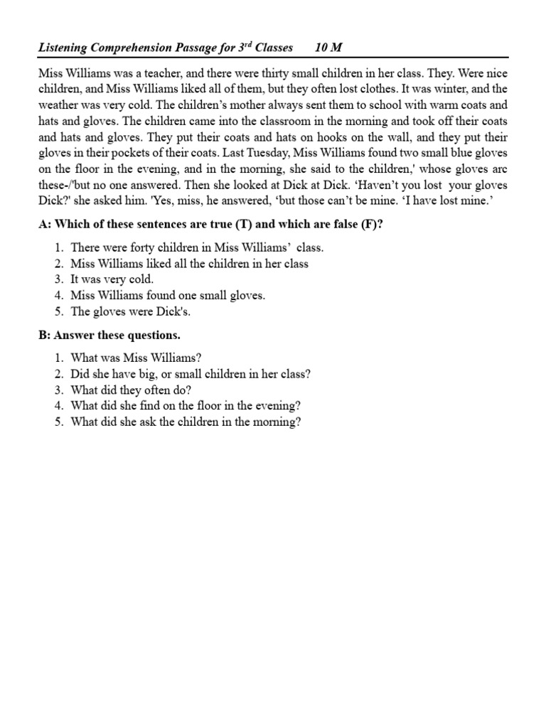 Listening Comprehension Passage For 3rd Classes 10 M | PDF