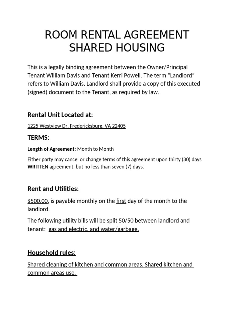 Month-to-Month Room Rental Agreement | PDF