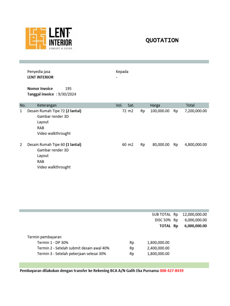 Quotation - Desain Rumah Tipe 72 (2 Lantai) & 60 (1 Lantai) | PDF