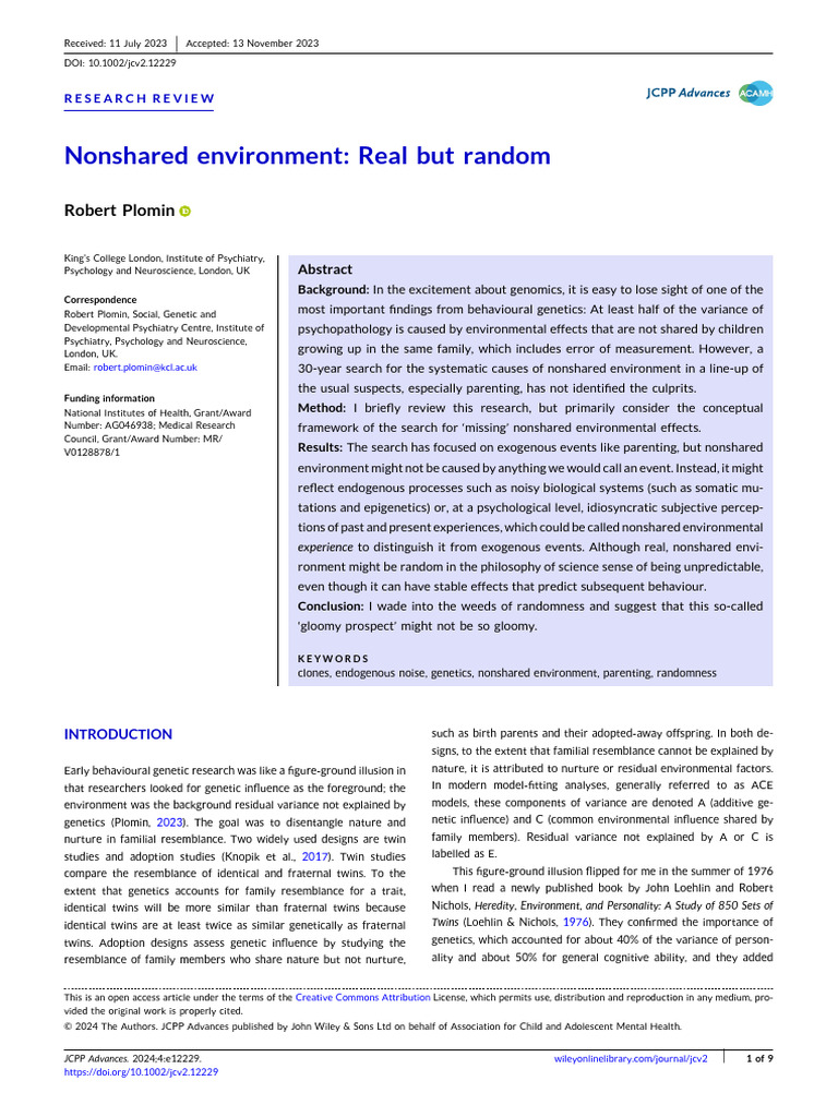 Nonshared Environment in Psychopathology | PDF | Epigenetics | Dna ...