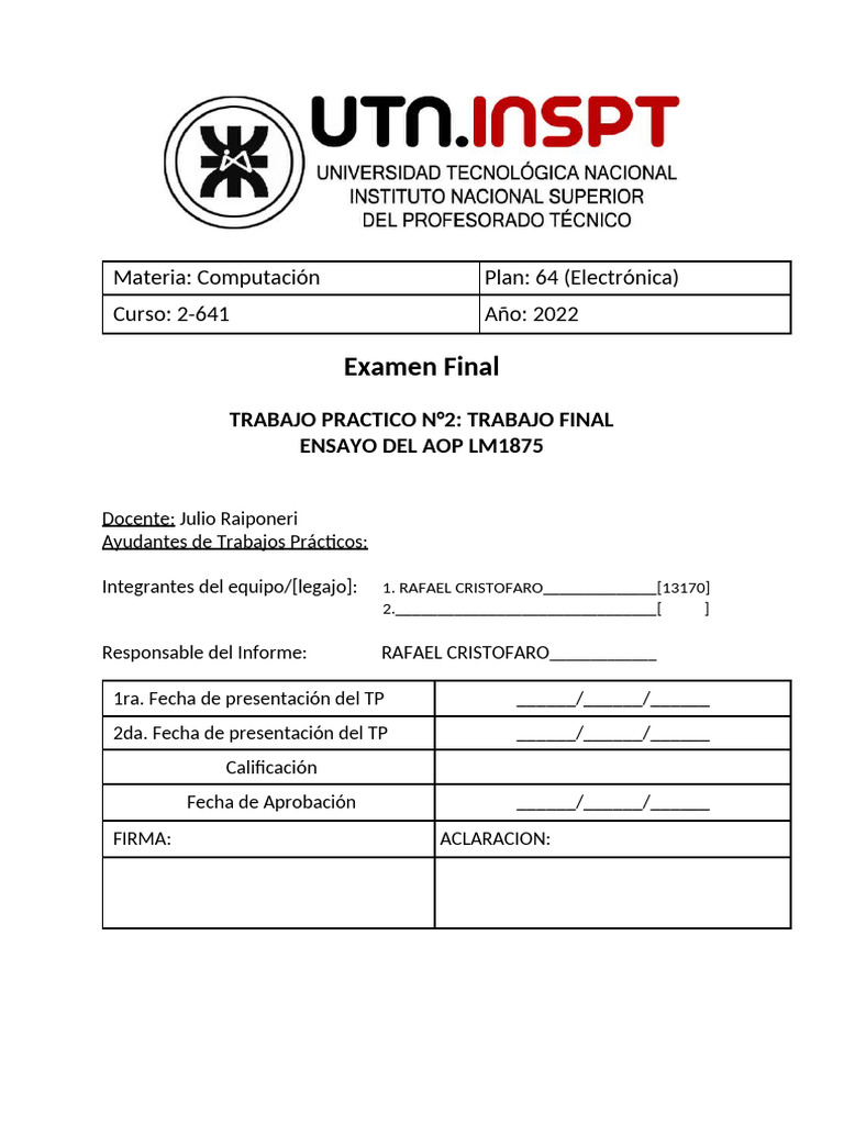 Caratula FINAL INSPT - LOGO UTN | PDF