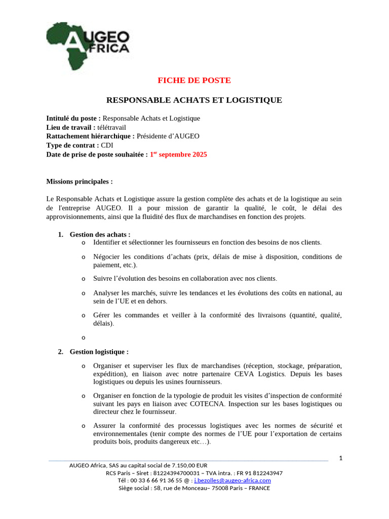 V2 - Fiche de Poste Responsable Logistique | PDF | Logistique | Business