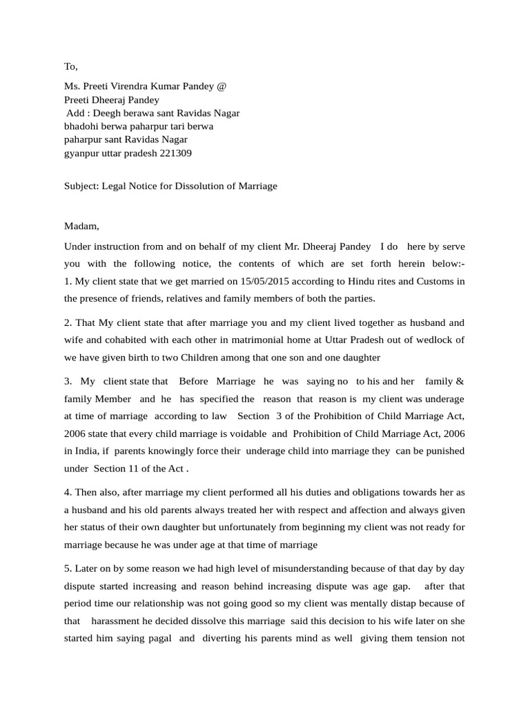 Legal Notice for Marriage Dissolution | PDF | Marriage | Family