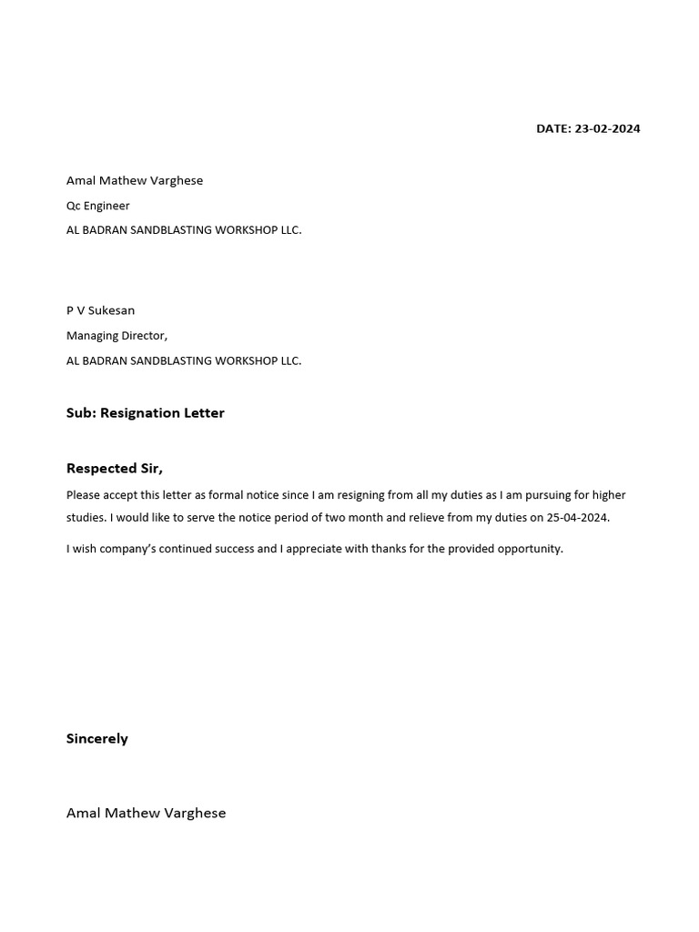 Amal Mathew Varghese: Sub: Resignation Letter | PDF