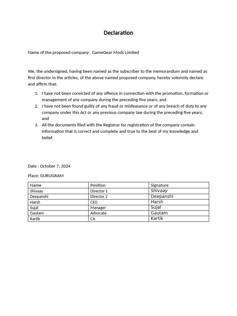 Declaration of Company Directors | PDF