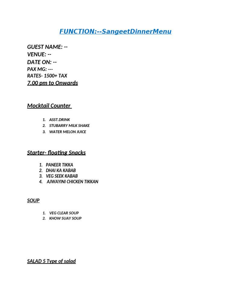 Sangeet Menu Dinner 1500 | PDF