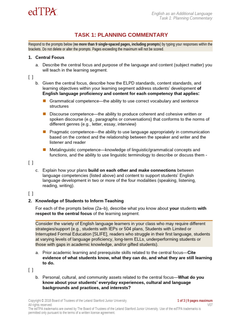 edTPA EAL Planning Commentary | PDF | English As A Second Or Foreign ...