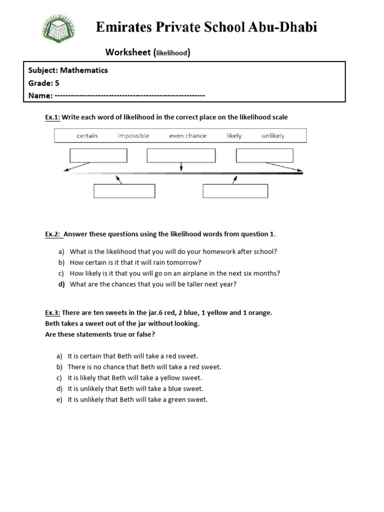Worksheet Likelihood GR 5 | PDF