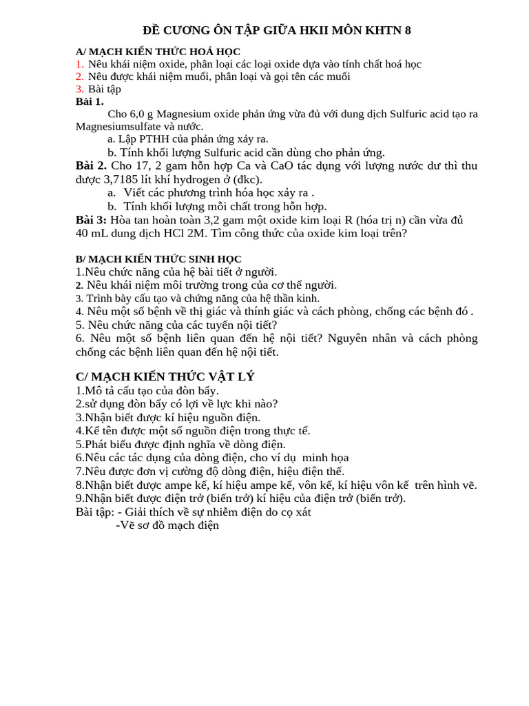 ĐỀ CƯƠNG ÔN TẬP KHTN8 | PDF