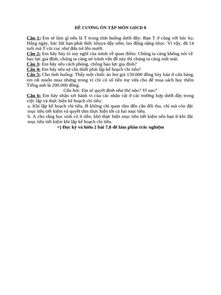 ĐỀ CƯƠNG ÔN TẬP MÔN GDCD 8 GHKII 24-25 | PDF