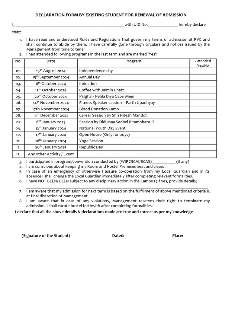 Declaration Form by Existing Students For Renewal of Admission (Apr-25 ...