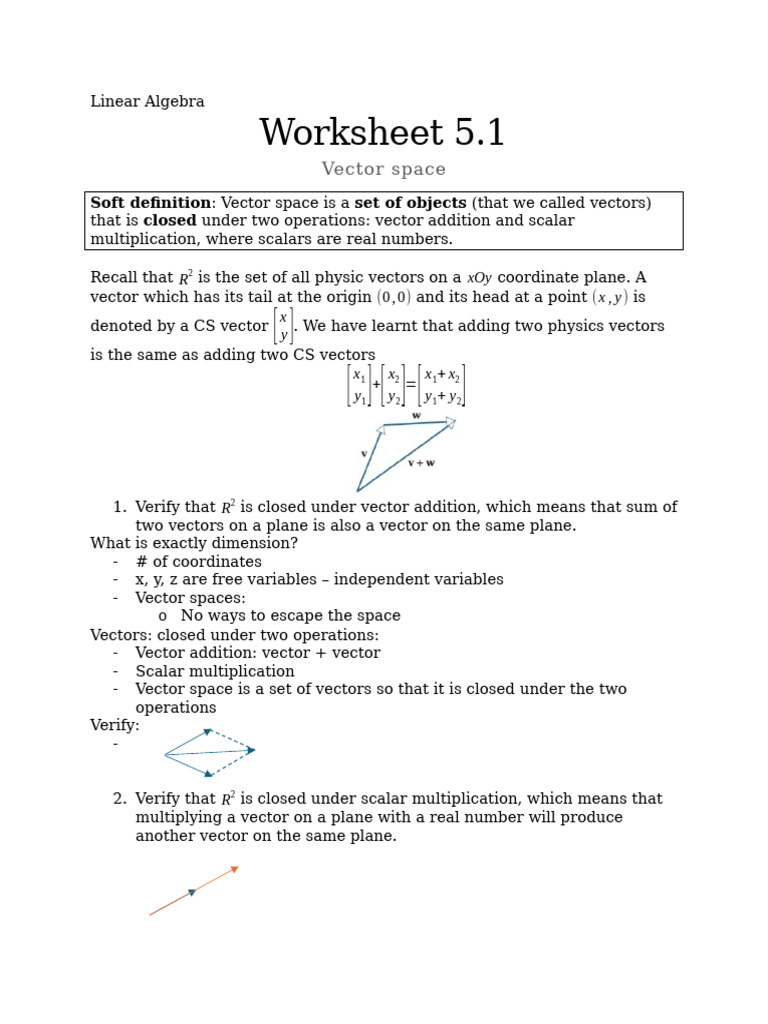 Worksheet 5.1 - Vector Space | PDF | Vector Space | Linear Subspace
